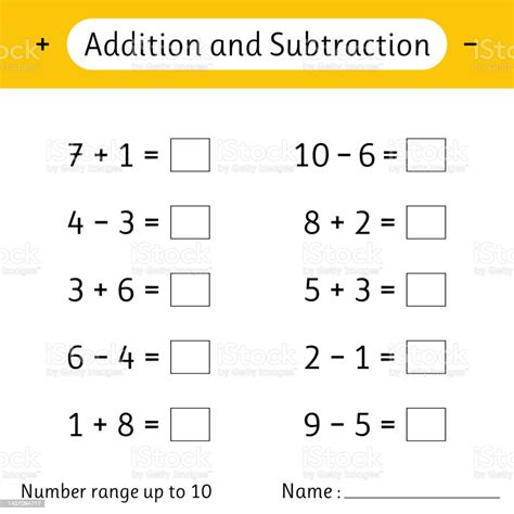 더하기와 빼기 숫자 범위는 최대 10개입니다 수학 아이들을위한 수학 워크 시트 예제를 풀고 쓰기 0명에 대한 스톡 벡터 아트 및 기타 이미지 Istock