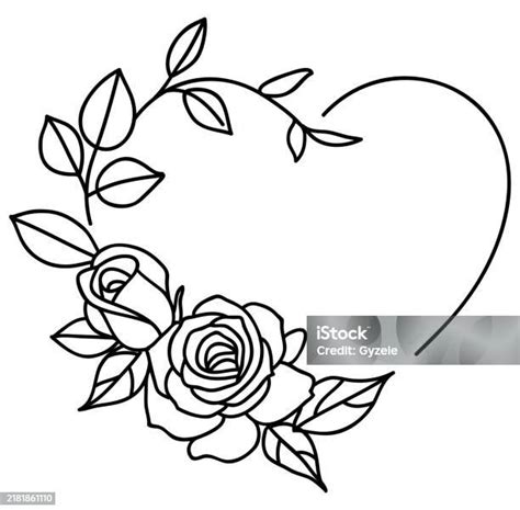 하트 모양이 있는 프레임과 잎이 있는 정원 장미 손으로 그린 문신 스케치 발렌타인 데이 또는 결혼식 날을 위한 프레임 디자인 개화기에 대한 스톡 벡터 아트 및 기타 이미지