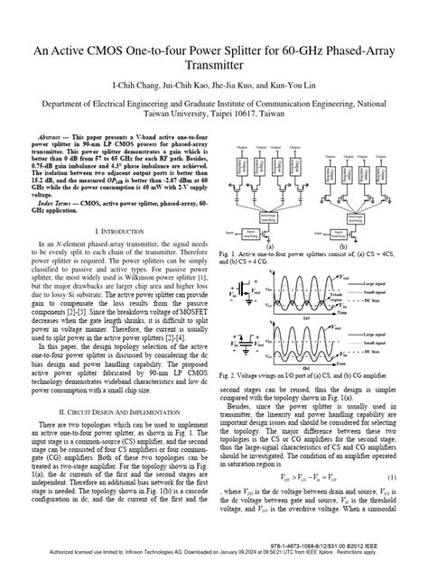An Active Cmos One To Four Power Splitter For 60 Ghz Phased Array Transmitter Pdf Amplifier