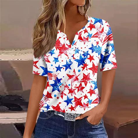 Independence Day Clothes Sunflower Print Short Sleeve Tops Red Blue And
