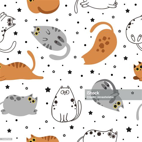 귀여운 만화 고양이와 원활한 패턴 직물 섬유 벡터 일러스트 레이 션에 적합 0명에 대한 스톡 벡터 아트 및 기타 이미지 0명 개 공예 Istock