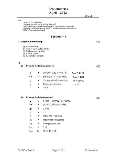 Question Paper Unsolved Eco No Metrics Pdf Econometrics Structural Equation Modeling