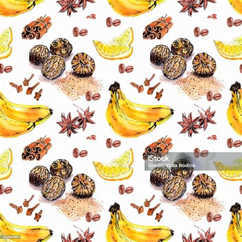 과일과 매끄러운 패턴 바나나 레몬 생강 아니스 민트 수채화 손 그리기 그림 배경 화면 인쇄 또는 배경 디자인 0명에 대한 스톡 벡터 아트 및 기타 이미지 Istock