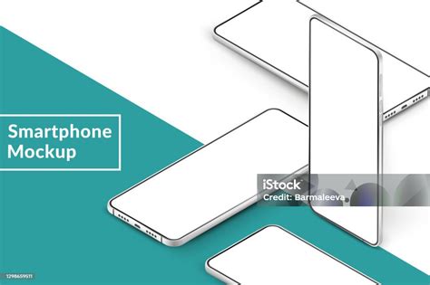 흰색 사실적인 등색 스마트 폰 모형 빈 흰색 화면이있는 3d 휴대 전화 녹색 배경에 현대 휴대 전화 템플릿 장치 3d 화면 의 그림 등측투영법에 대한 스톡 벡터 아트 및