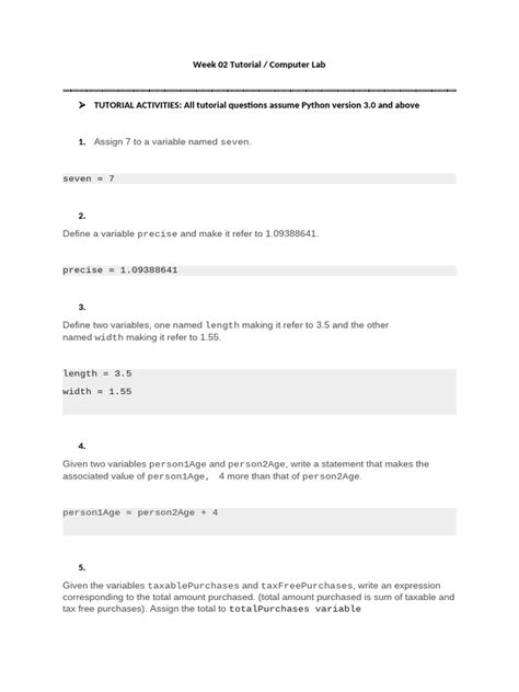 St1 Week 02 Tut Lab New Updated Pdf Python Programming Language Integer Computer Science