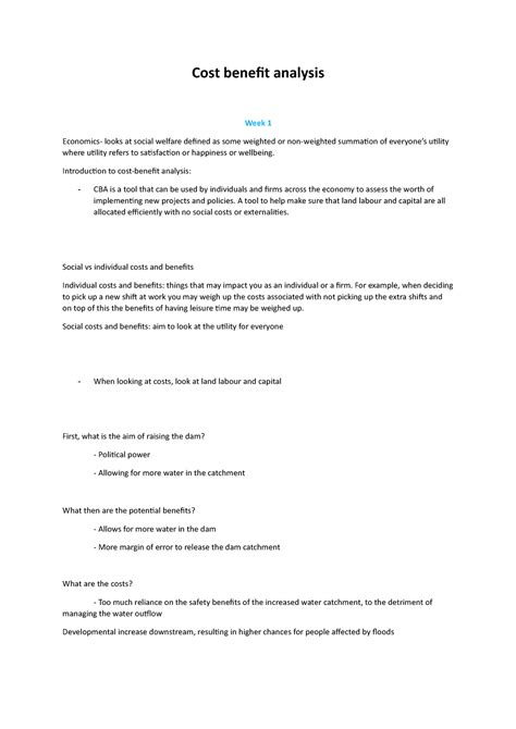 Cba Notes Cost Benefit Analysis Week 1 Economics Looks At Social Welfare Defined As Some