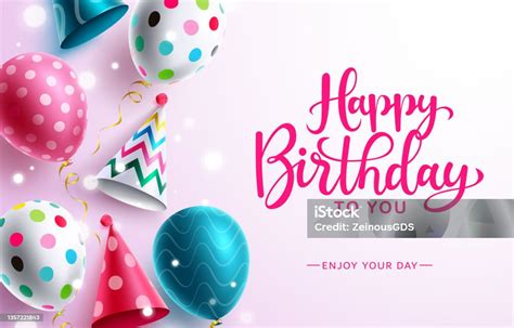 생일 맞이 인사말 벡터 디자인 생일 축하 메시지 다채로운 풍선과 파티 모자 패턴 요소와 타이포그래피 텍스트에 생일 축하 벡 3차원 형태에 대한 스톡 벡터 아트 및 기타