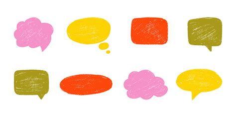텍스트에 대한 컬러 크레용 음성 프레임 세트 손으로 말풍선을 그리고 낙서 스타일의 분필 요소를 그립니다 연필 풍선 모양 구름 스티커의 아이 선 유치한 고립 된 벡터 그림 0