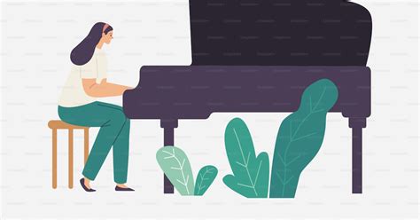 피아니스트 여성 캐릭터는 심포니 오케스트라나 오페라 공연을 위해 그랜드 피아노로 작곡을 한다 현장에서 공연하는 재능 있는 여성 아티스트 만화 벡터 일러스트레이션 사진