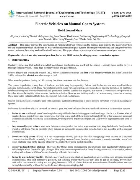 Irjet Electric Vehicles On Manual Gears System Pdf