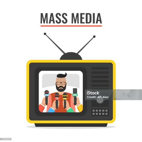 Tv에서 기자 회견을주는 남자 손에 마이크를 잡습니다 매스 미디어 인터뷰 컨셉 벡터 그림입니다 Live Event에 대한 스톡