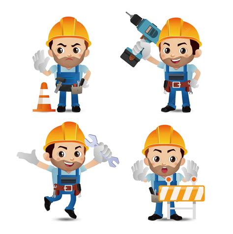 Trabajador Con Diferentes Poses Vector Premium
