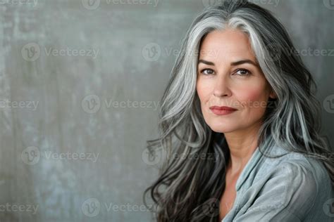 Beautiful Mature Woman With Gray Hair Showing Confidence And Femininity