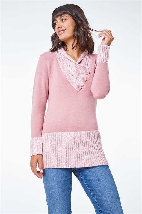 V Neck Overlap Button Detail Jumper In Pink Roman Originals Uk