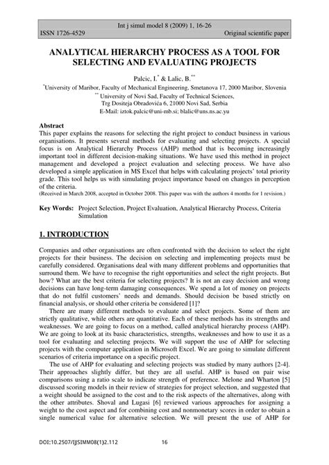 Pdf Analytical Hierarchy Process As A Tool For Selecting And Evaluating Projects
