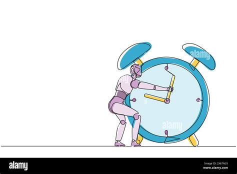 Continuous One Line Drawing Robots Hugging Huge Alarm Clock Modern
