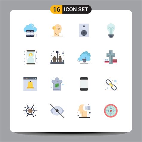 Mobile Interface Flat Color Set Of 16 Pictograms Of Innovation Bulb Mind Technology Products