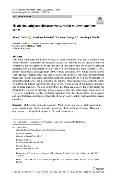 Pdf Elastic Similarity And Distance Measures For Multivariate Time Series