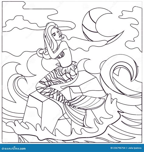Isolated Beautiful Mermaid Sitting On A Rock In Cartoon Design Style