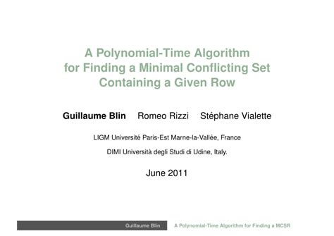 Pdf A Polynomial Time Algorithm For Finding A Minimal Conﬂicting Set Containing A Given Row