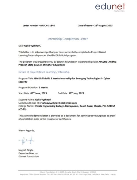 Golla Vyshnavi On Linkedin Edunet Foundation Ibm Internship Completion Letter Successfully 🥳