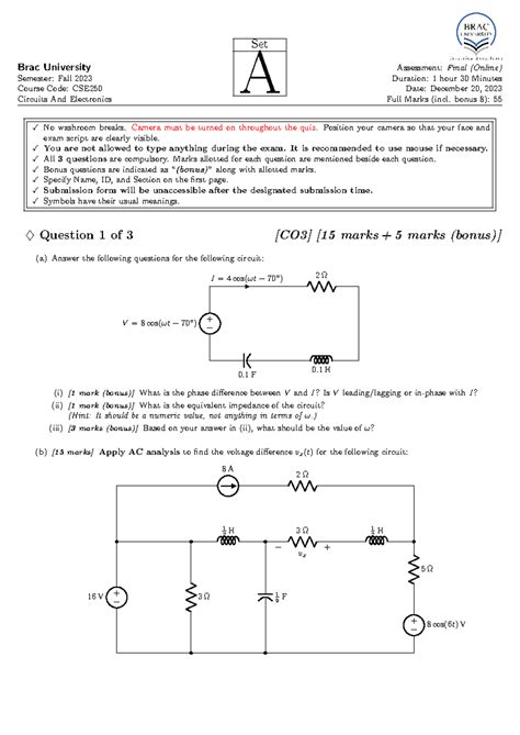 1 Cse250 Final Fall 23 Set A Brac University Semester Fall 2023 Course Code Cse Circuits
