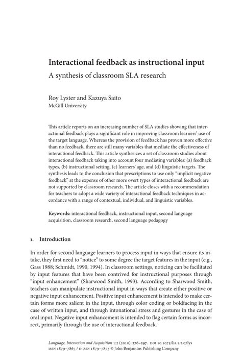 Pdf Interactional Feedback As Instructional Input A Synthesis Of Classroom Sla Research