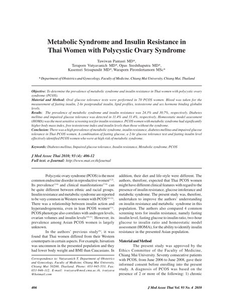Pdf Metabolic Syndrome And Insulin Resistance In Thai Women With