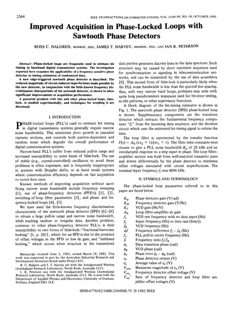 Pdf Improved Acquisition In Phase Locked Loops With Sawtooth Phase Detectors