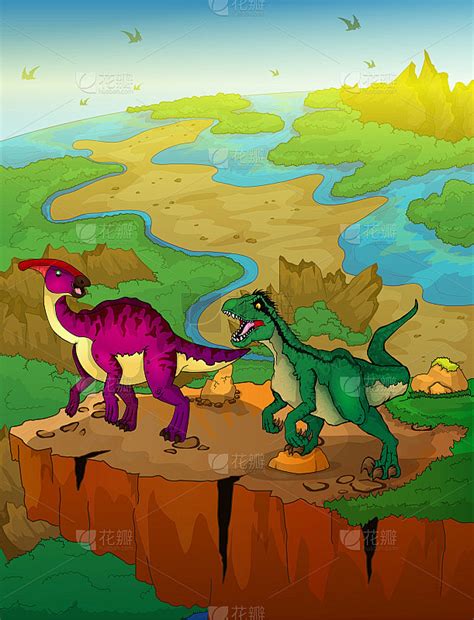 副栉龙和迅猛龙的背景。矢量插图。