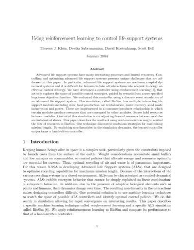 Using Reinforcement Learning To Control Life Support Systems