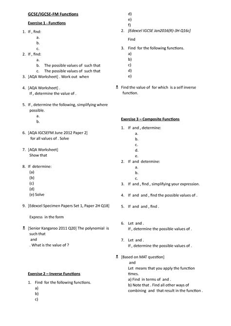 Gcseand Igcsefm Functions Gcseigcse Fm Functions Exercise 1