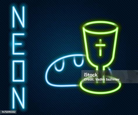 빛나는 네온 라인 잔과 검은 배경에 격리된 빵 아이콘 빵과 와인 컵 성만찬 표시 다채로운 개요 개념입니다 벡터 0명에 대한 스톡 벡터 아트 및 기타 이미지 Istock