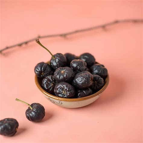 A Rustic Scene With Dried Prunes In A Small Ceramic Bowl On A Pastel