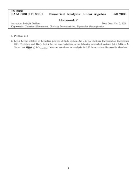 Homework Problem Numerical Analysis Linear Algebra Cam 383c Docsity