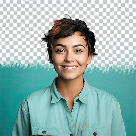 오스트레일리아 원주민 여성 젊은 사랑하는 지붕 작업자 부드러운 시선 짧은 머리카락 포즈 파스텔 배경 프리미엄 Psd 파일