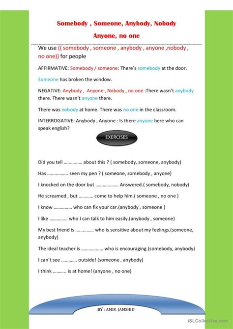 Somebodynobodyanybody Gramma English Esl Worksheets Pdf And Doc