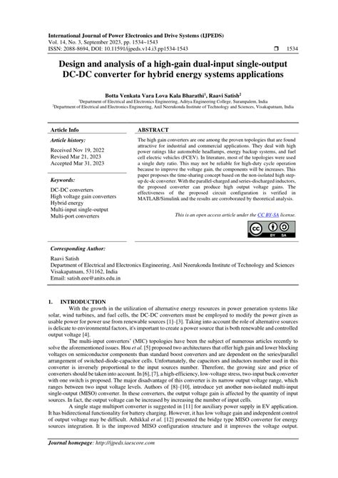 Pdf Design And Analysis Of A High Gain Dual Input Single Output Dc Dc Converter For Hybrid