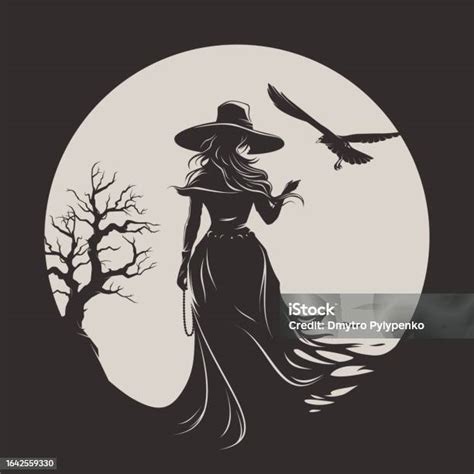 검은 드레스를 입은 마녀 여인과 달과 나무 배경에 까마귀가 있는 큰 마술 모자의 뒷모습 마녀에 대한 스톡 벡터 아트 및 기타 이미지 마녀 여자 실루엣 Istock