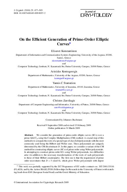 Pdf On The Efficient Generation Of Prime Order Elliptic Curves Elisavet Konstantinou