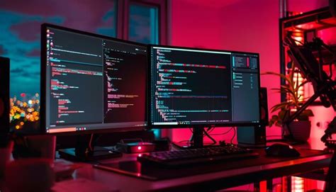 Software Developers Workstation With Monitors Displaying Code And Data Premium Ai Generated Image