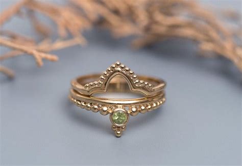 14k Solid Gold Stackable Ring Set Womens Crown Gemstone Ring Set