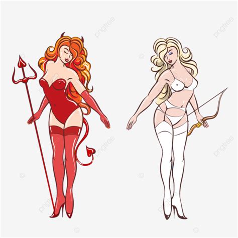 Hand Drawn Beautiful Sexy Girls In Angel And Devil Lingerie And