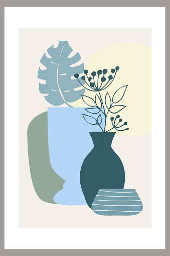 간단한 모양의 추상적 인 구성템플릿 꽃병에 열대 야자수 잎 콜라주 스타일 미니멀리즘 파스텔 흙 색 Sns용 엽서 및 커버용 벡터 배너 가리기에 대한 스톡 벡터 아트 및 기타