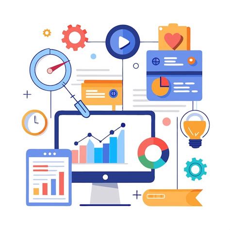 computer screen with charts graphs and icons to show growth and