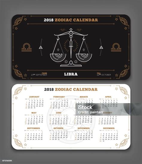 천칭 자리 2018 년 조디악 달력 포켓 크기 가로 레이아웃 더블 사이드 흑백 색상 디자인 스타일 벡터 개념 그림 0명에 대한 스톡 벡터 아트 및 기타 이미지 Istock