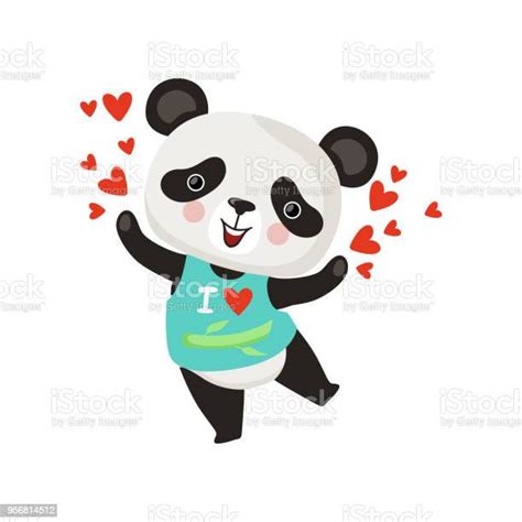 T셔츠에 작은 팬더의 만화 문자입니다 분홍색 뺨 사랑 확산을 가진 재미 있는 대나무 곰입니다 인사말 카드 또는 인쇄에 대 한 평면 벡터 디자인 T 셔츠에 대한 스톡 벡터