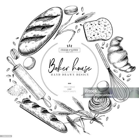 베이커리 세트 손으로 그린 빵 덩어리 크루아상 프레첼 마카롱 파이 바게트 밀가루 페이스트리 벡터 는 배너를 새겨 레스토랑과 카페 메뉴 베이커 숍 페이스트 과자 디자인 템플릿