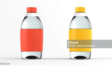 흰색 배경에 고립 된 물로 설정된 유리 병 세트 사실적인 3d 렌더 컬렉션 투명 액체 용기 색상 모형 팩 광고를 위한 빈 라벨 항목입니다 제품의 시각화 3차원 형태에 대한