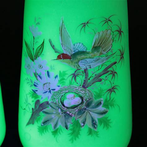 Pair Of Victorian Hand Painted Opaline Uranium Glass Mantel Vases